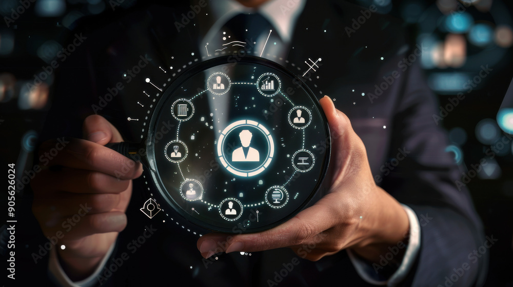 Digital patent concept: Businessman holding a magnifying glass over a ...