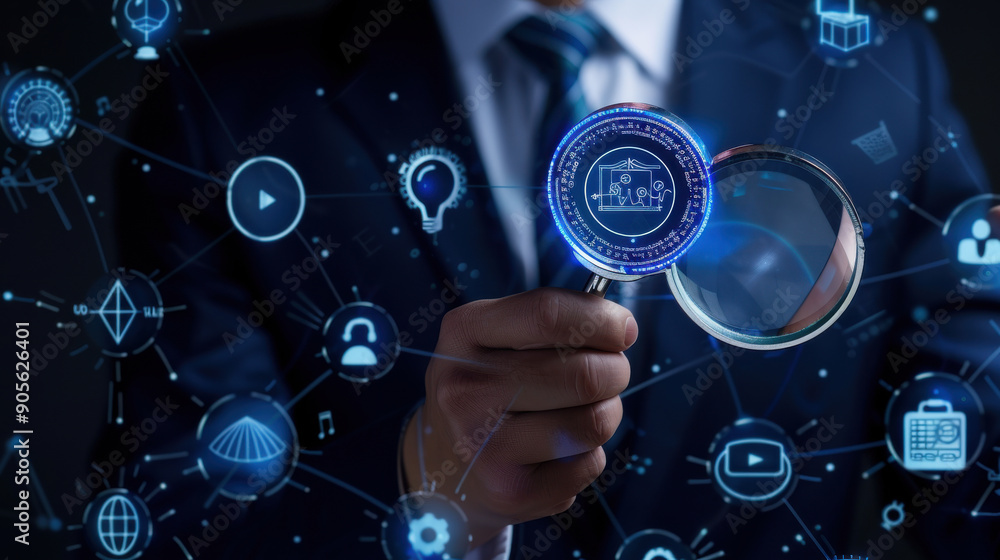 Digital patent concept: Businessman holding a magnifying glass over a ...