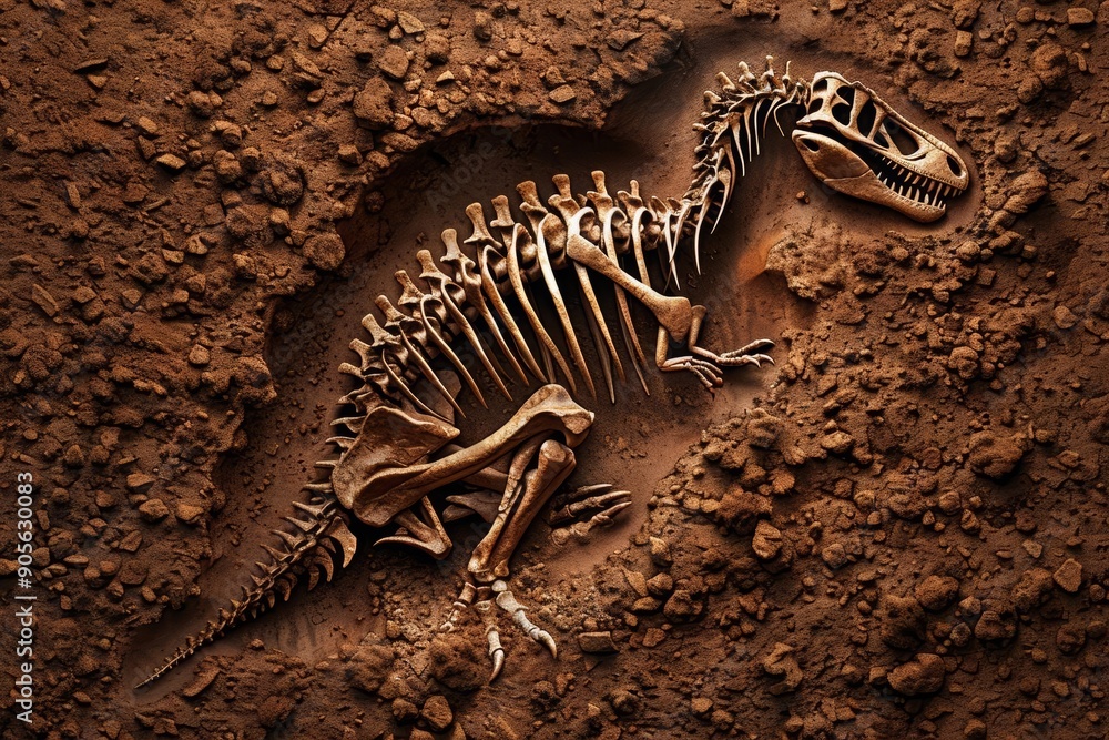 Excavation site with a detailed dinosaur skeleton, showcasing ...