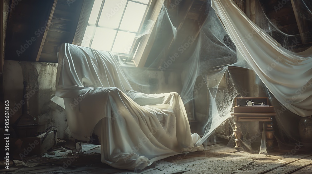 An attic room with vintage furniture draped in white sheets, an old ...