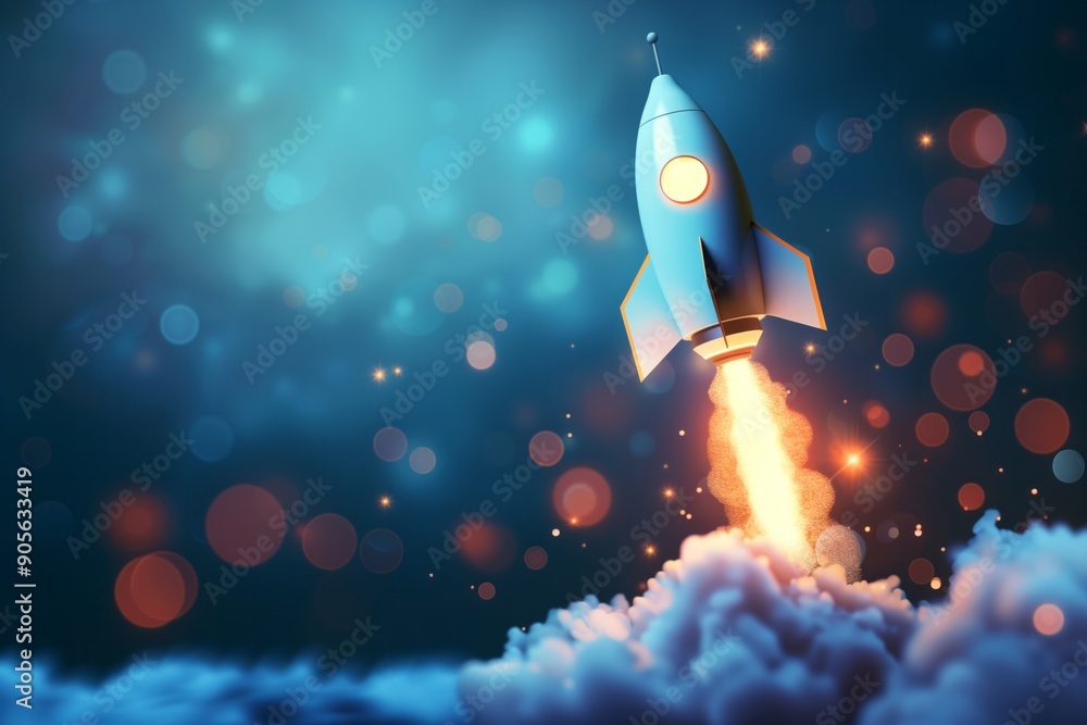 Illuminated rocket taking off with smoke coming out. Successful launch. Image with space for ...