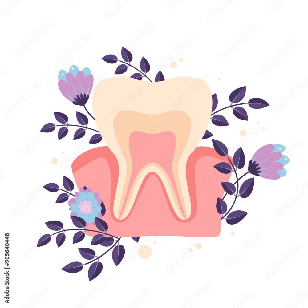 Human tooth in gum with wild flowers and summer plants decoration, part ...