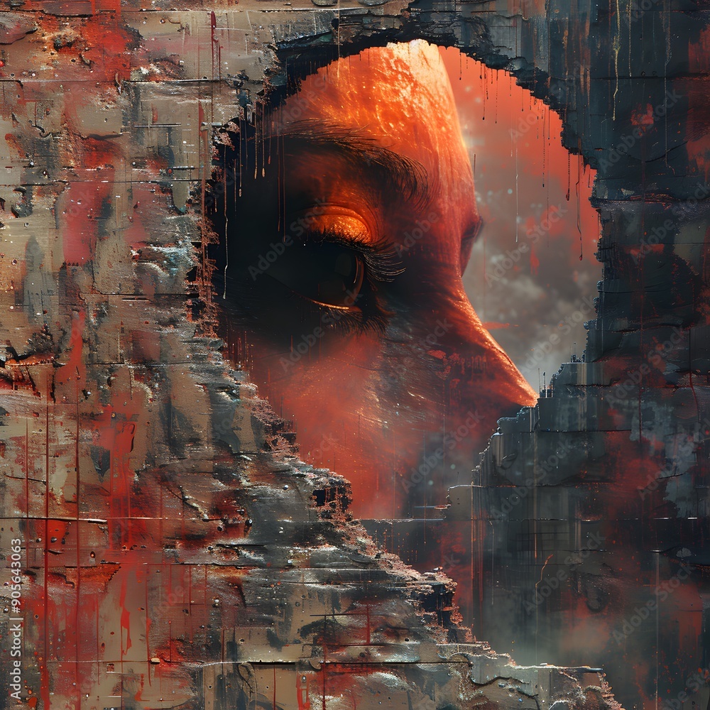 A person's face is shown through a hole in a wall. The face is ...