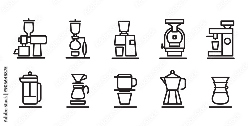 Collection of coffee shop tools icons. Coffee making equipment icons set. Contains icons such as ...