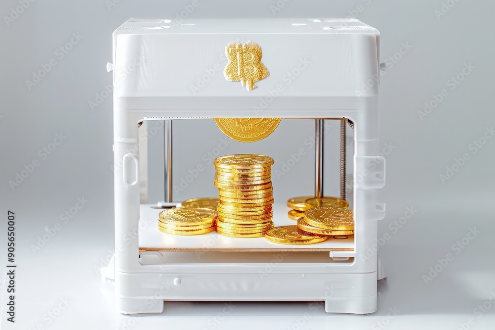 3D printer printing gold coins. Printing money. White printer isolated ...