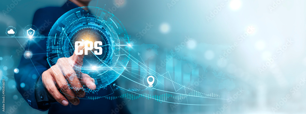 CPS (Cyber-Physical Systems): Businessman touching connect to data ...