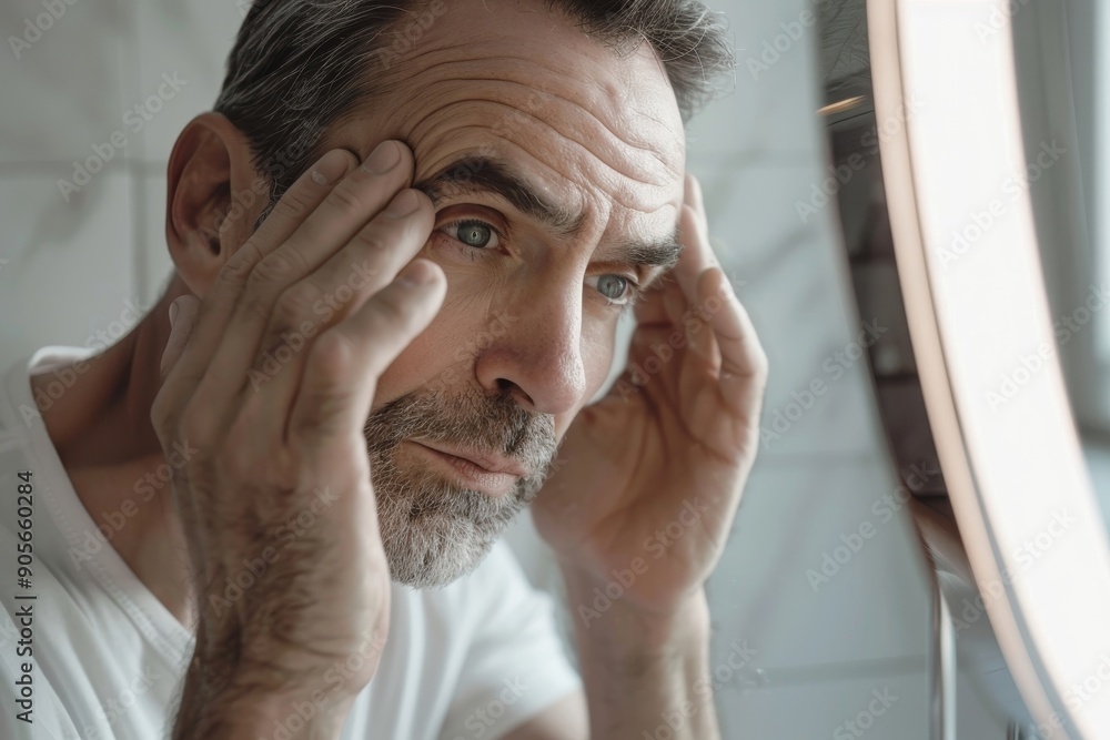 Dull skin. Middle aged man looking at mirror in bathroom and touching ...