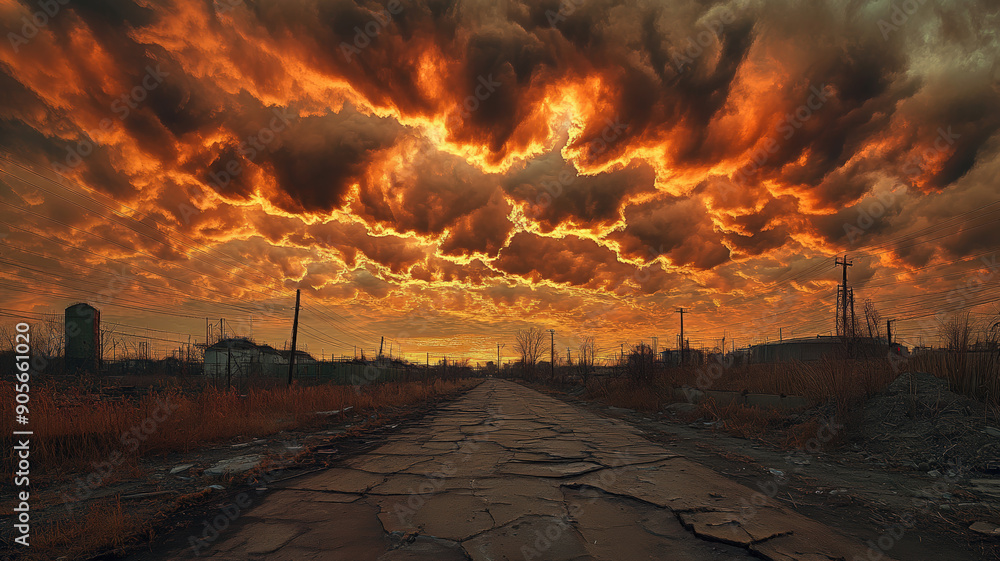 Apocalyptic Fiery Sky over Desolate Road: Dramatic Doomsday Landscape ...
