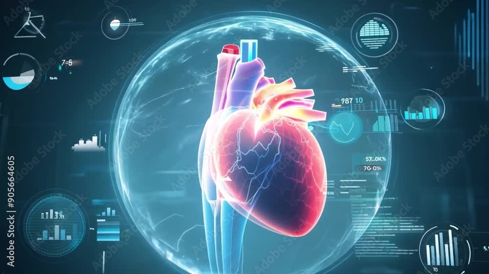 A detailed 3D model of a human heart displays intricate anatomy within ...