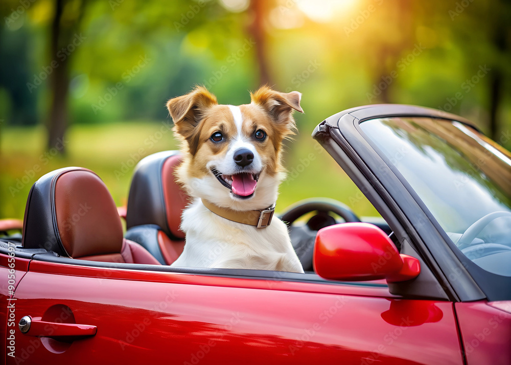 Cute smiling dog driving a red sport car, portrait, on a road Stock ...