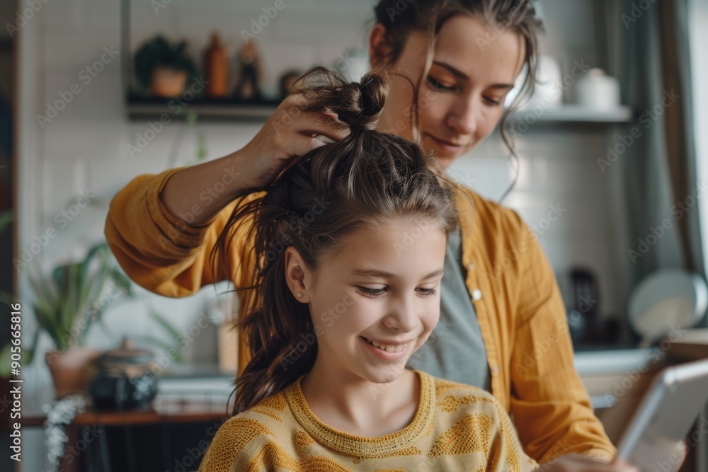 Mother braiding hair of her teen girl daughter, loving parent showing ...