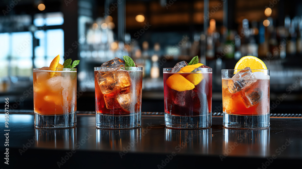 Four assorted cocktails with ice, garnished with mint leaves and citrus ...