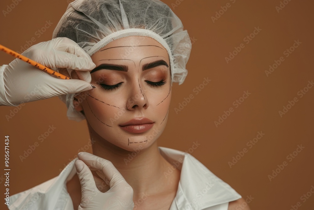 European woman preparing for cosmetic surgery, doctor surgeon drawing ...