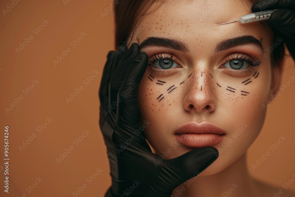 European woman preparing for cosmetic surgery, doctor surgeon drawing ...