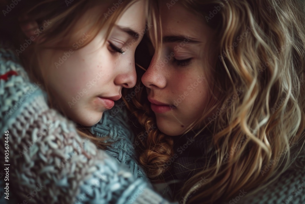 Empathic mom embracing calming down upset teen daughter helping and supporting, mother ...