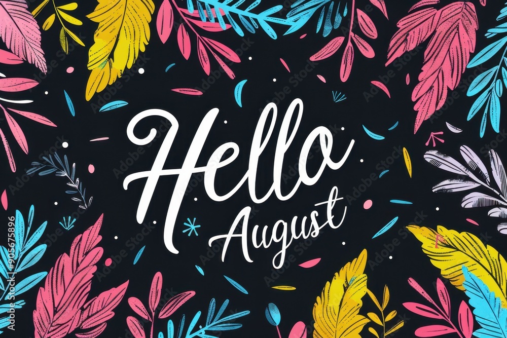 "Hello August", colorful cursive lettering, black background, cute and ...