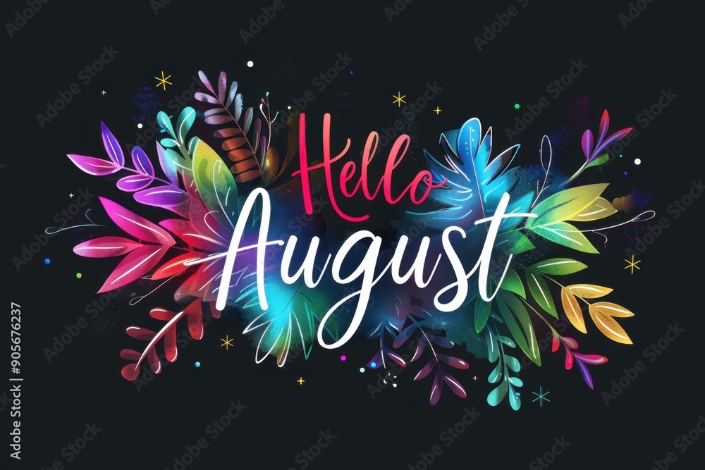 A colorful logo with the text "Hello August" in cursive, black ...