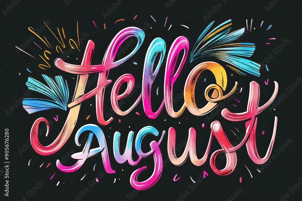 "Hello August", colorful cursive text on a black background The style ...