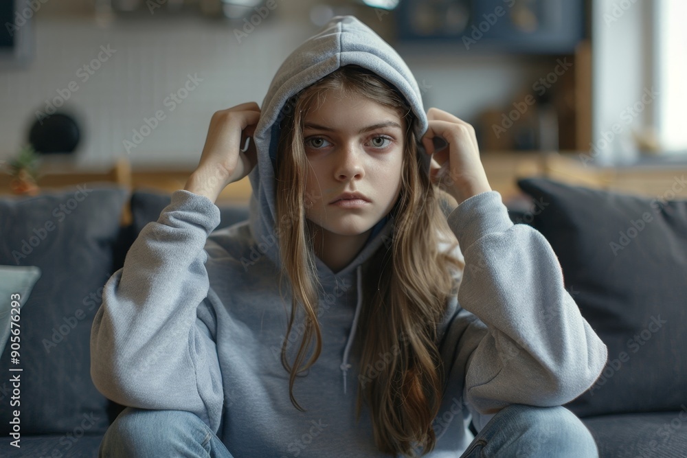 Stubborn teenage girl putting hood on head avoiding mom apology ...