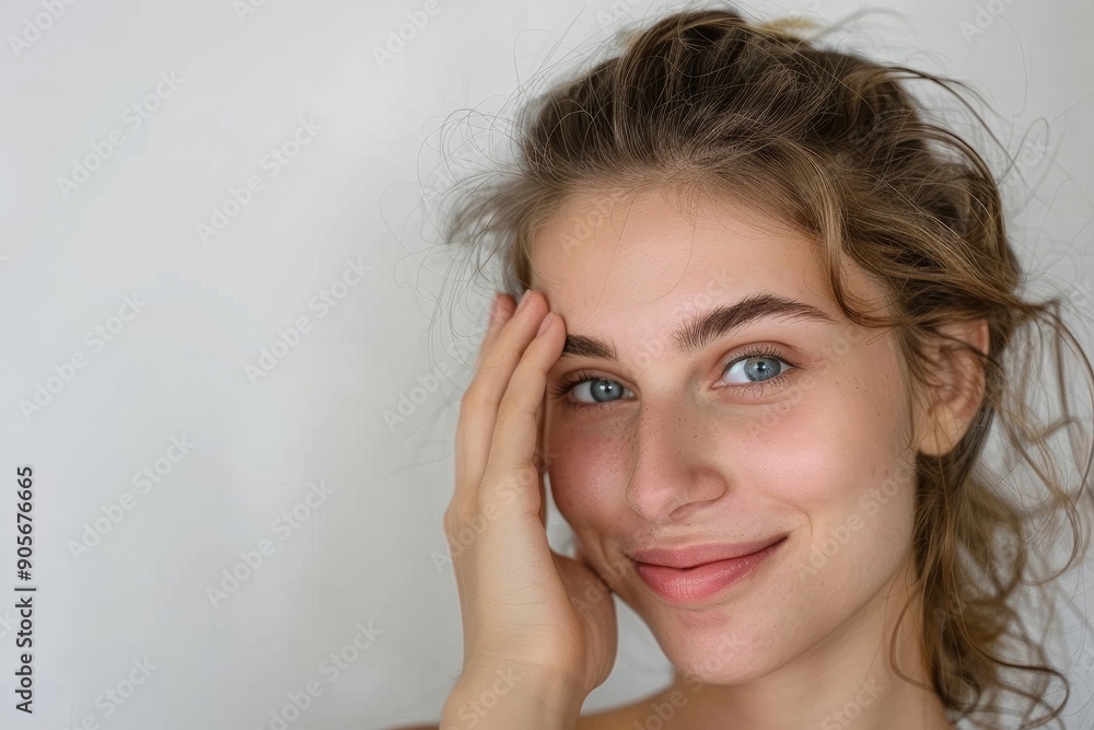Young European woman touching her cheek and smiling at camera over ...