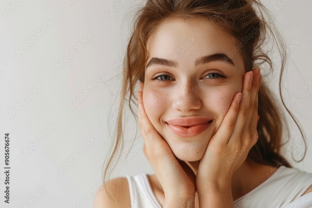 Young European woman touching her cheek and smiling at camera over ...