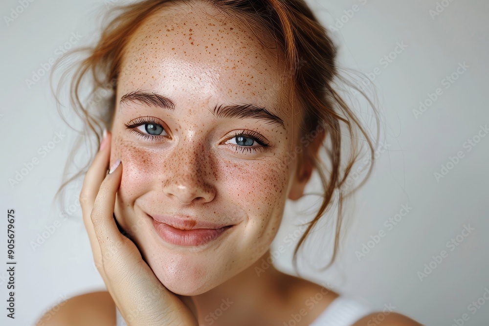 Young European woman touching her cheek and smiling at camera over ...