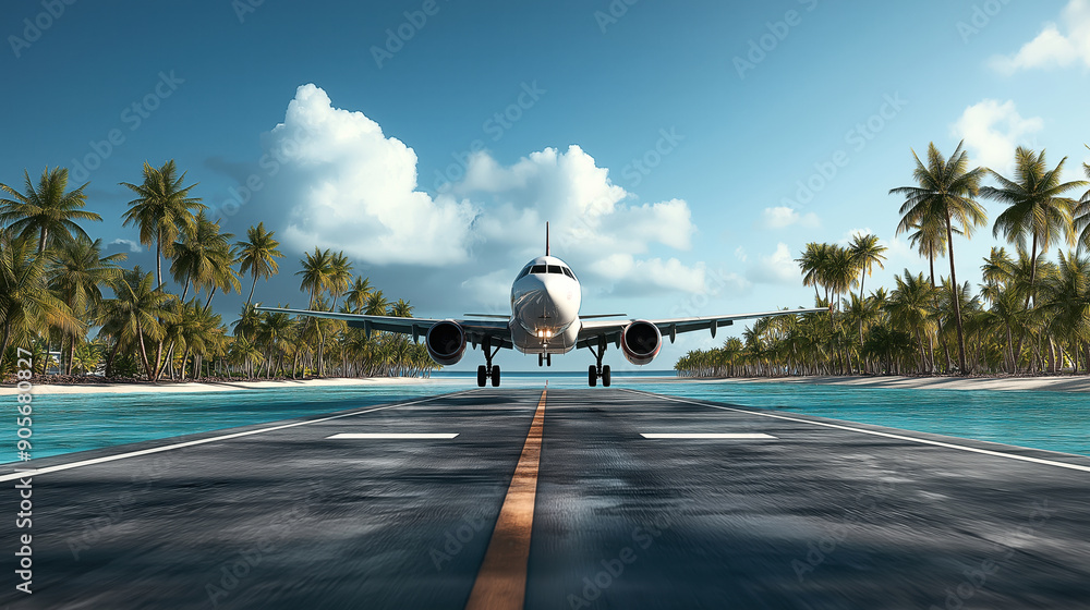 An airplane taking off from a tropical runway surrounded by palm trees ...