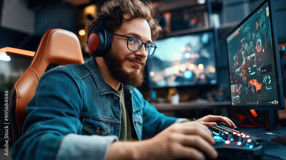 A bearded man wearing glasses and headphones is sitting in a gaming ...