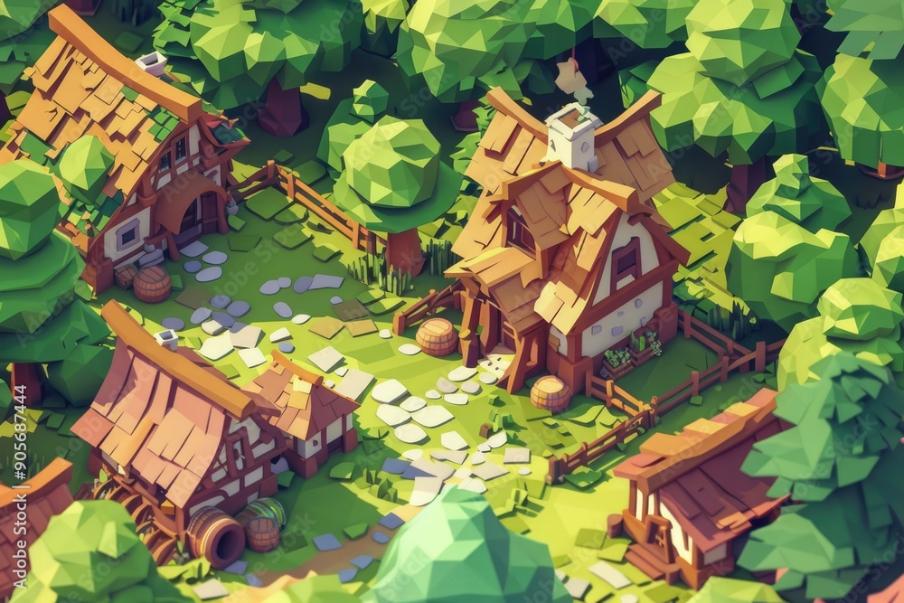 Isometric Village: Low Poly Cartoon Illustration of Village Houses and ... Isometric Village: Low Poly Cartoon Illustration of Village Houses and ...