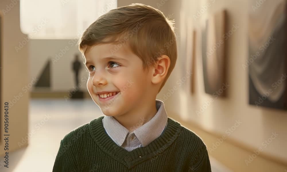 Medium shot portrait video of a satisfied child male that is wearing a ...