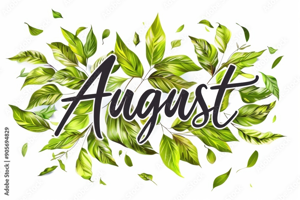 The word "August" the lettering with green leaves on white background ...