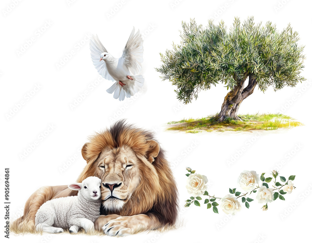 Serene Biblical Symbols Illustration - Lion, Lamb, Dove, and Olive Tree ...