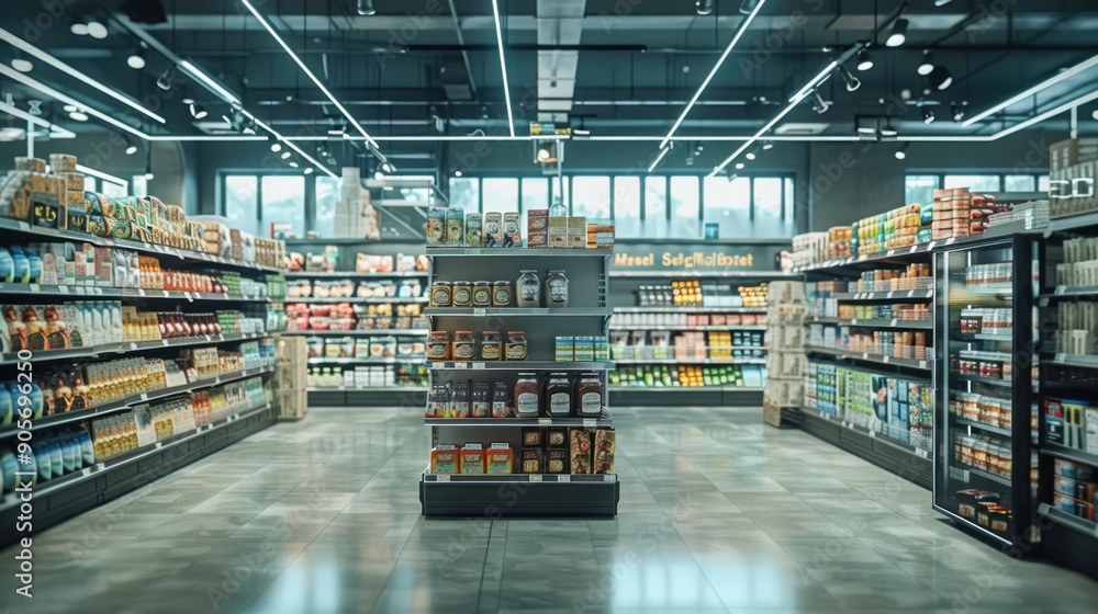 An empty grocery store interior with unstocked shelves in a ...
