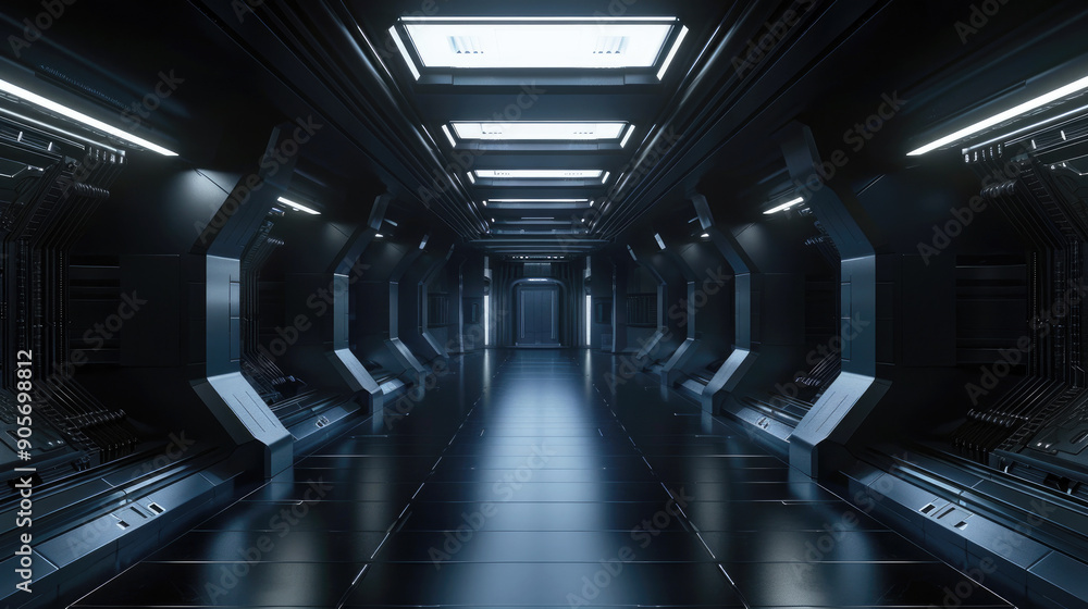 Dark futuristic corridor in spaceship, spacecraft metal interior with ...