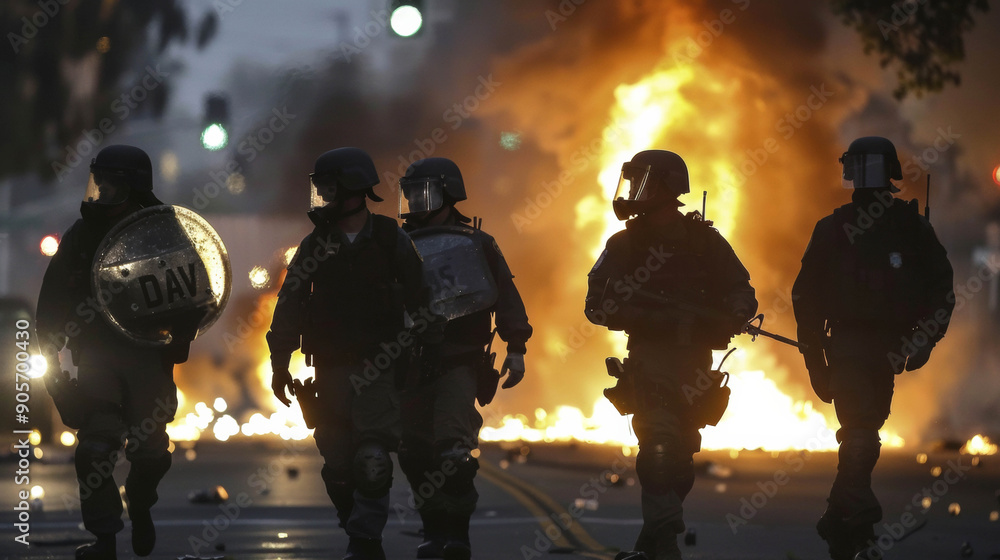 Riot police walking in front of a blazing fire on a city street at ...