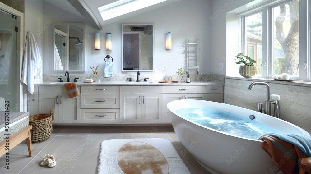A serene suburban bathroom with an oval freestanding tub, a double ...