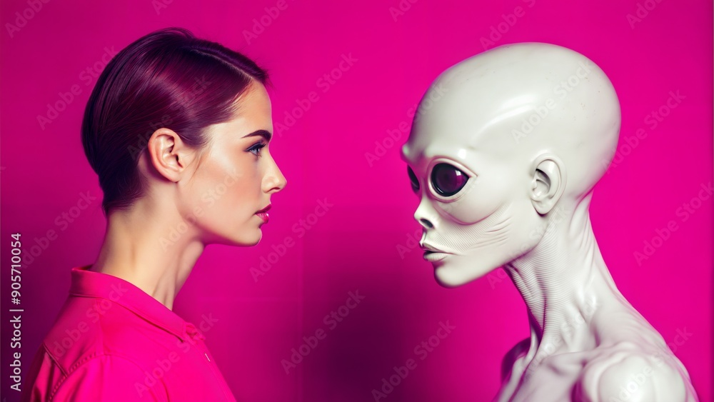 A striking image showcasing a human and an alien face-to-face against a ...
