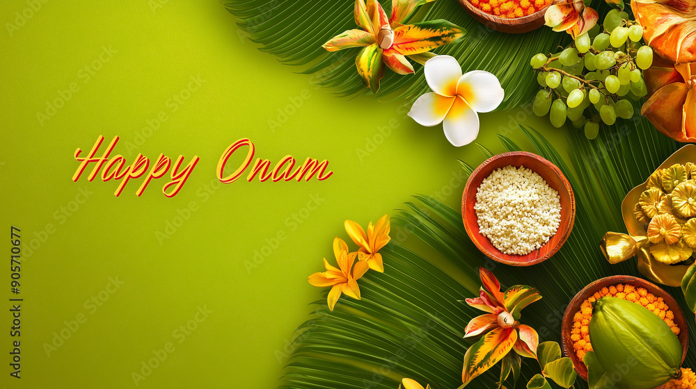 copy space, text "Happy Onam" , illustration, south Indian festival ...