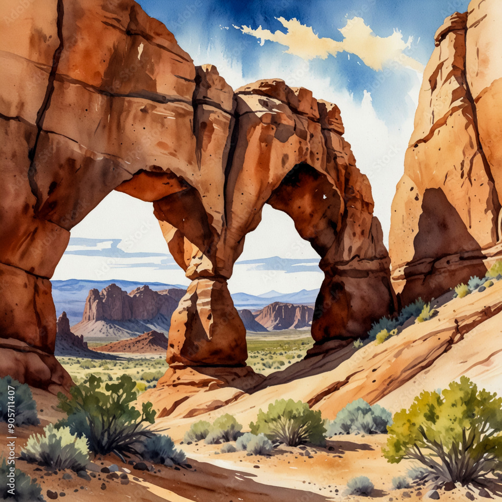 Watercolor illustration of Arches National Park in Utah. Capture the ...