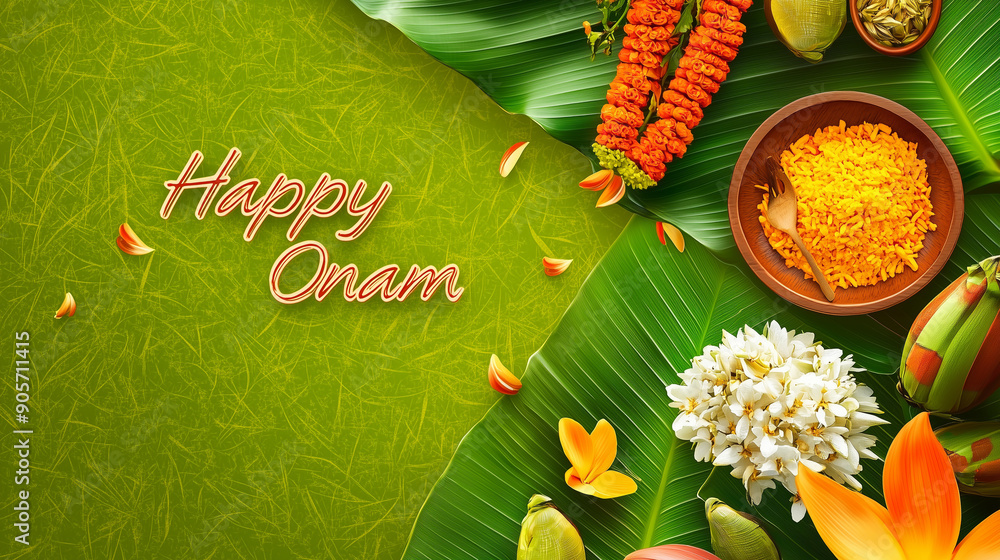 copy space, text "Happy Onam" , illustration, south Indian festival ...