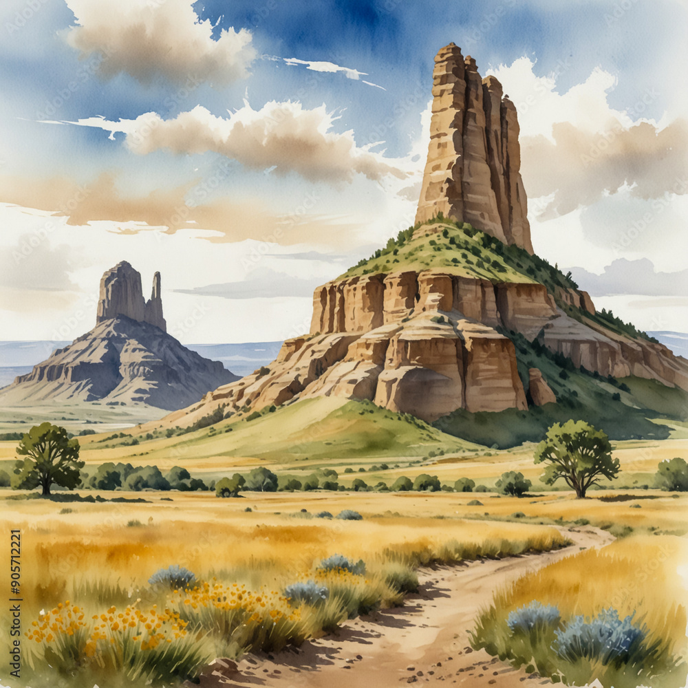 Watercolor illustration of Chimney Rock National Historic Site in ...