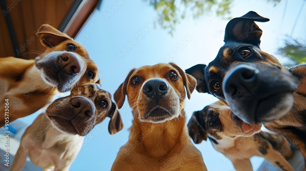 Photorealistic photo with super detail where a group of dogs are taking ...