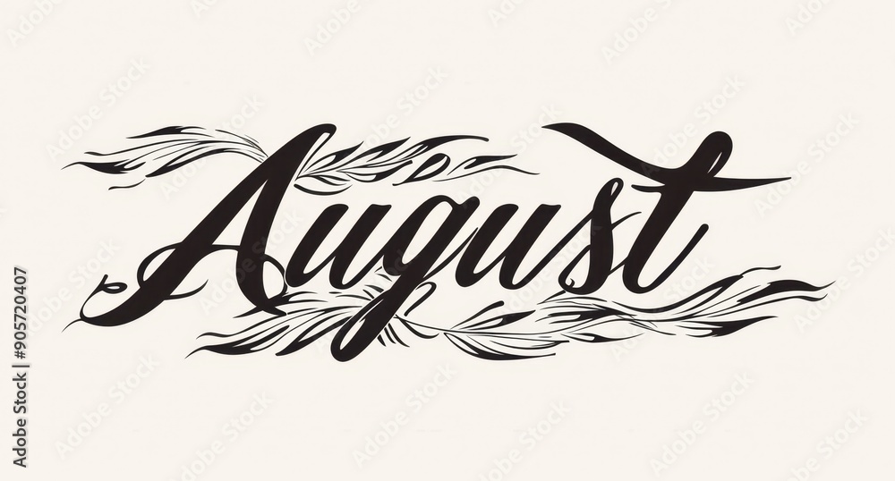 black text "August" isolated on white background, cursive font ...