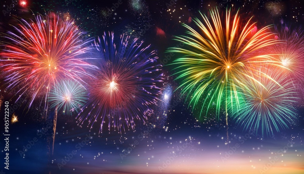 shiny rainbow fireworks on starry sky background horizontal panoramic ...