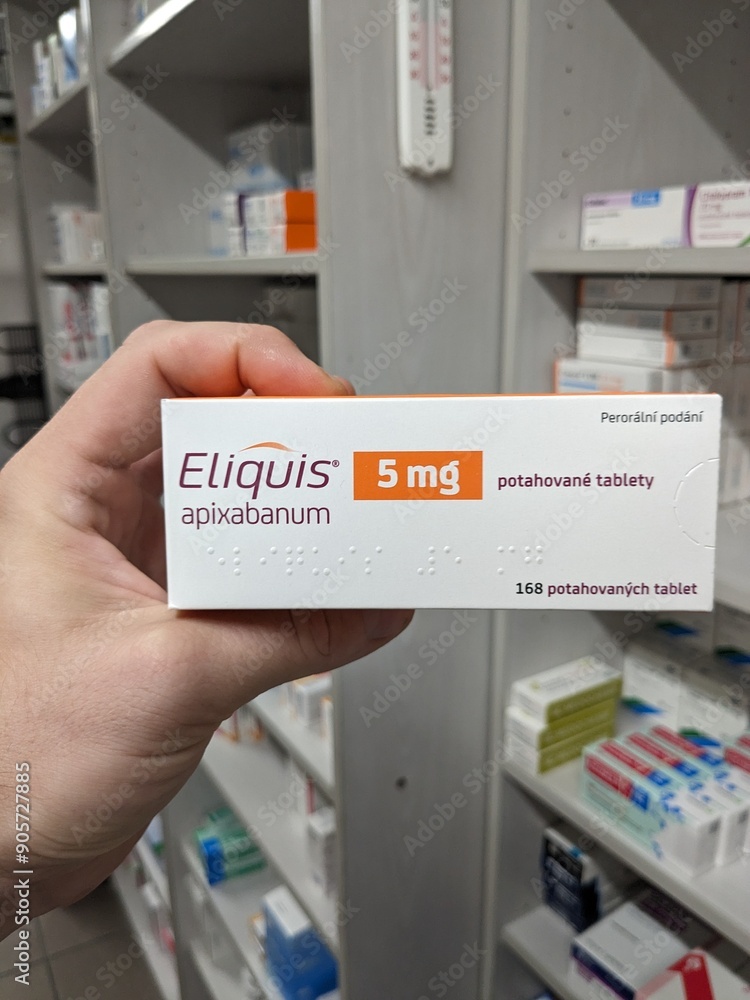 Prague, Czech Republic -August 2 2024: ELIQUIS box of medication with ...