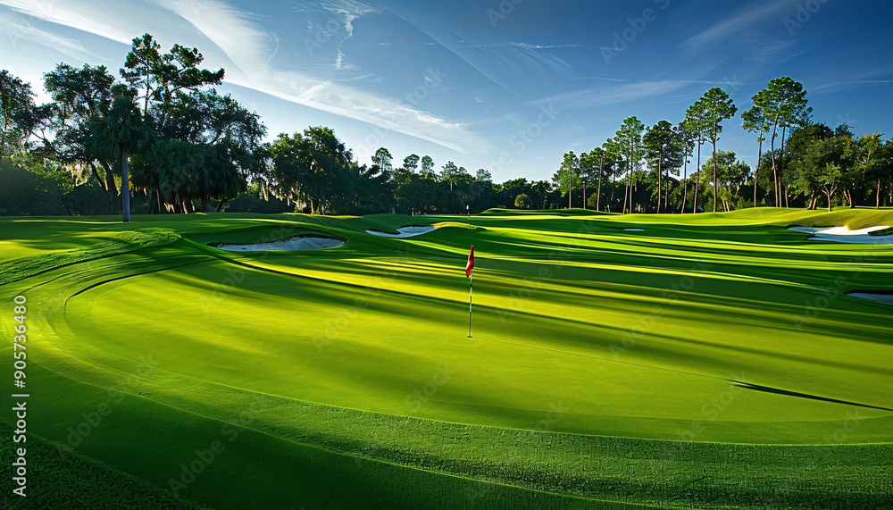 A pristine golf course with a well-maintained green, sand bunkers, and ...
