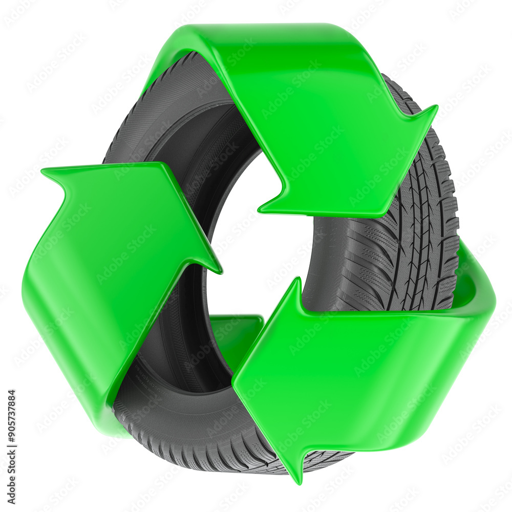 Tire recycling concept. Recycling symbol with car tyre, 3D rendering ...