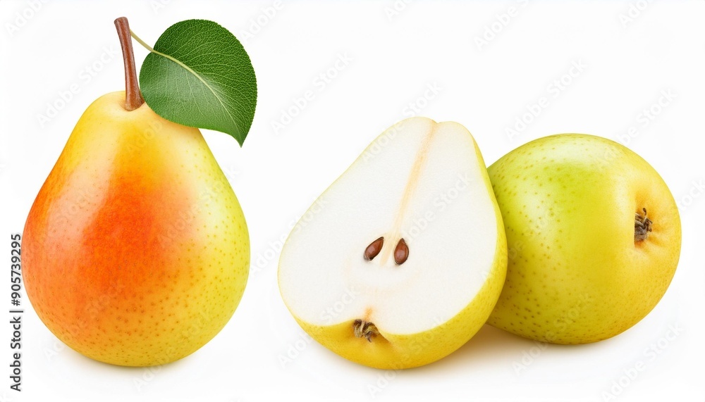 green yellow pear fruit with pear half and green leaf isolated on ...