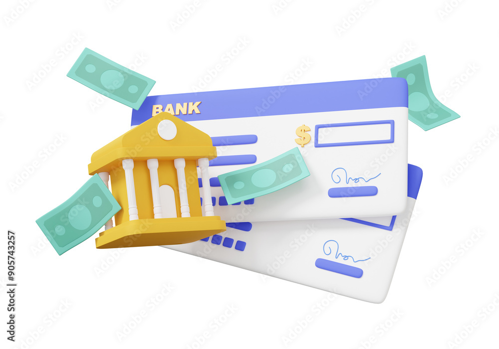 3D bank cheque with bank building and money banknotes cash transfer ...