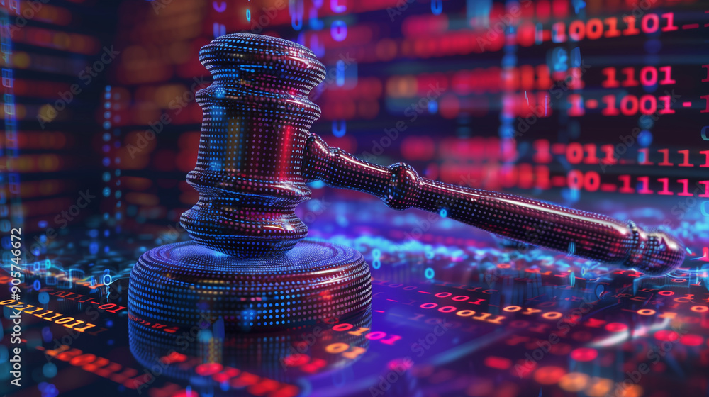 A digital judge's gavel, covered with complex binary code, symbolizes ...